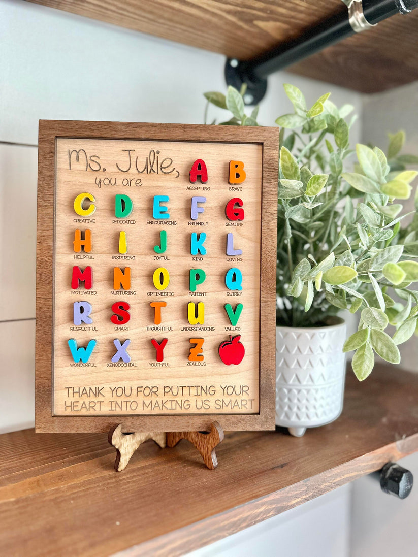 Personalized Teacher ABC Sign – Walnut + Birch